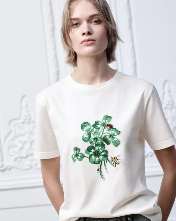 Dior Fitted T-Shirt - White Cotton Jersey With Green Dior Clover